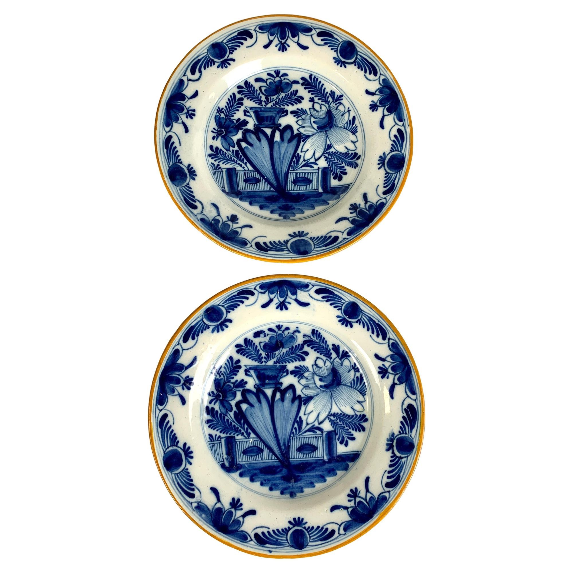 Pair Blue and White Delft Plates or Dishes Hand Painted Netherlands C ...