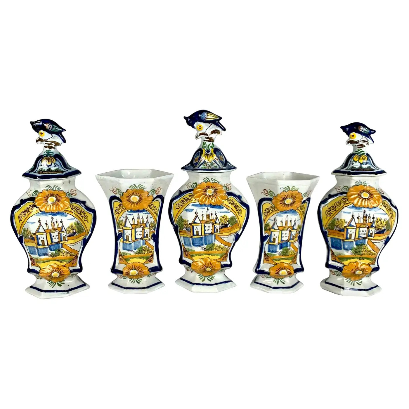 Antique Dutch Delft Garniture of Five Pieces With Castle Scene Hand ...